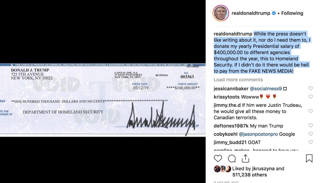 President Trump pens $100K check to Homeland Security | Opinion ...